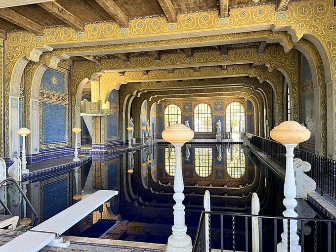 The Roman Pool shimmers with gold-flecked tiles like swimming inside a Byzantine jewel box. Even the most jaded Hollywood stars must have been impressed by this aquatic masterpiece.