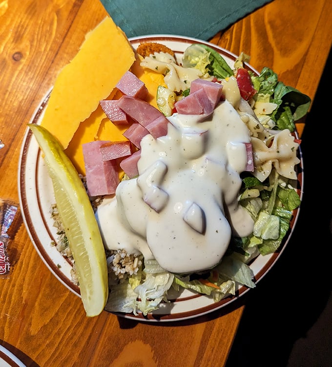 A salad that doesn't apologize for being a salad—loaded with ham, cheese, and enough ranch to remind you you're still in the Midwest.