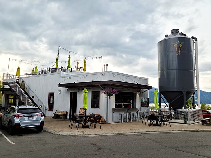 Salmon River Brewery combines craft beer with rooftop vibes. That giant fermenter isn't just functional—it's a landmark for thirsty travelers.