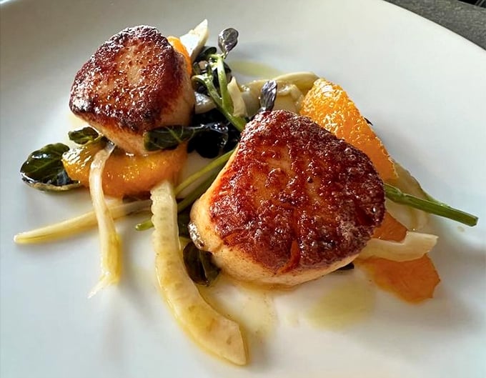 Scallops seared to golden perfection—like little caramelized pillows of the sea, playing nicely with their citrus friends.