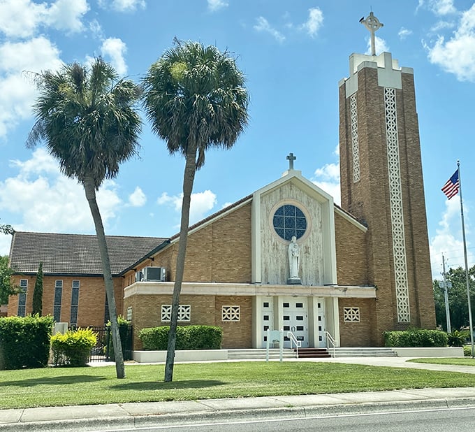 St. Joseph Catholic Church combines Florida's Spanish influences with mid-century design—architectural fusion that somehow works beautifully under that brilliant blue sky.