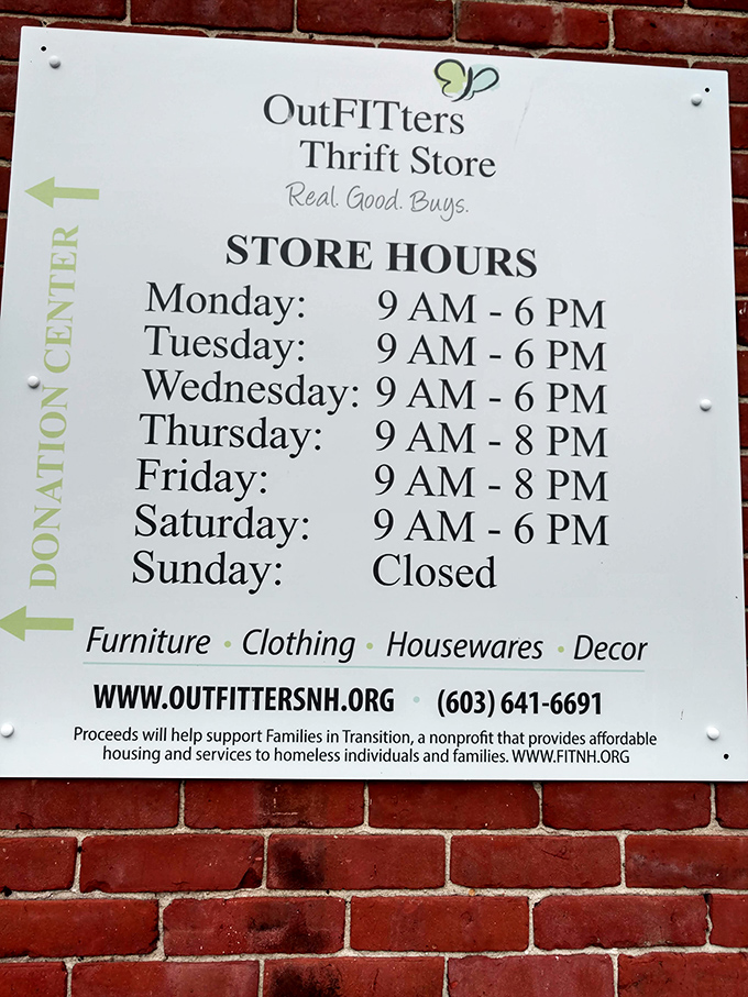 The store hours sign reveals the secret schedule of when to hunt for treasures—and reminds us of the nonprofit mission behind the bargains.