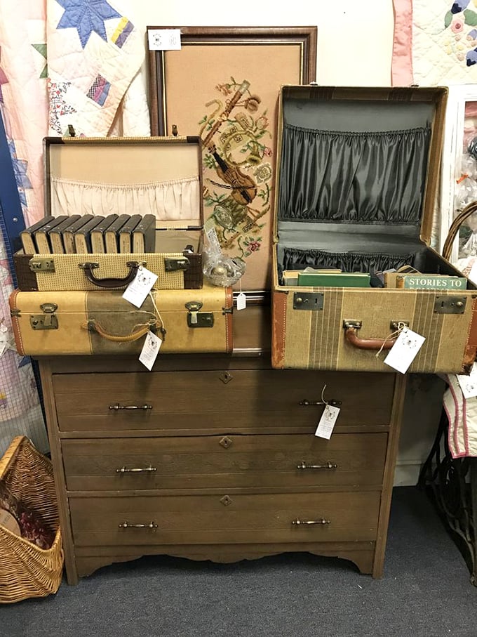 Vintage suitcases – not just luggage but vessels of possibility, each one holding the ghost of adventures past.