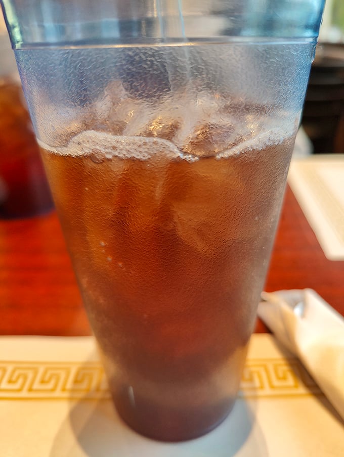 Sweet tea so perfectly brewed it could make a Southerner nod in approval. The condensation on the glass tells you it's properly chilled.