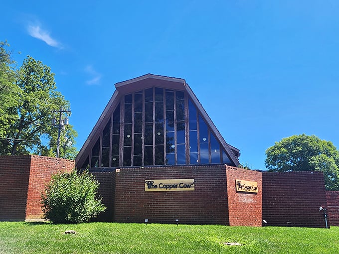 The Copper Cow's distinctive A-frame architecture stands out among Mount Carroll's historic buildings, offering a more modern counterpoint to Victorian charm.