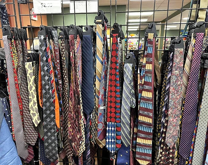 The tie collection rivals any corporate boardroom, offering patterns bold enough to make even the most conservative banker feel like a fashion rebel.