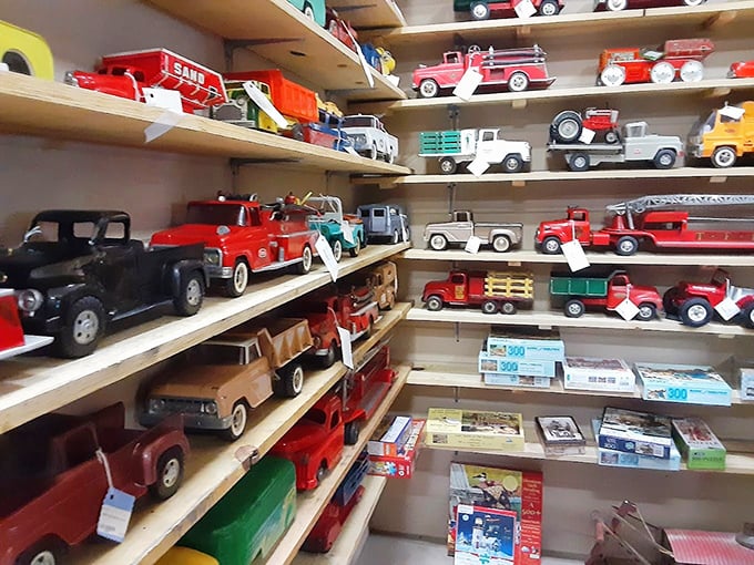 A fleet of vintage toy trucks stands at attention, ready to drive straight into the heart of some lucky collector or a very excited six-year-old.
