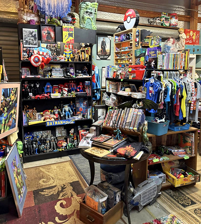 A comic book lover's paradise where superhero merchandise creates a colorful shrine to pop culture. Even Batman would approve of these bargain-priced collectibles.