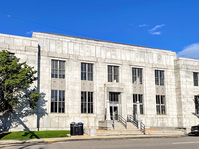 The post office stands solid and dependable, like government buildings used to be built.
