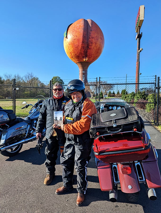Motorcycle enthusiasts make the Peachoid a regular stop on their road trips – proving its appeal transcends all transportation preferences.