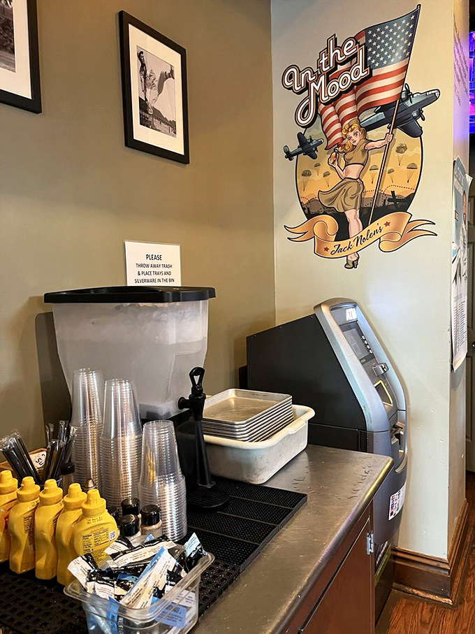 Self-service station stands ready for battle – your burger's about to meet its match in condiment heaven.