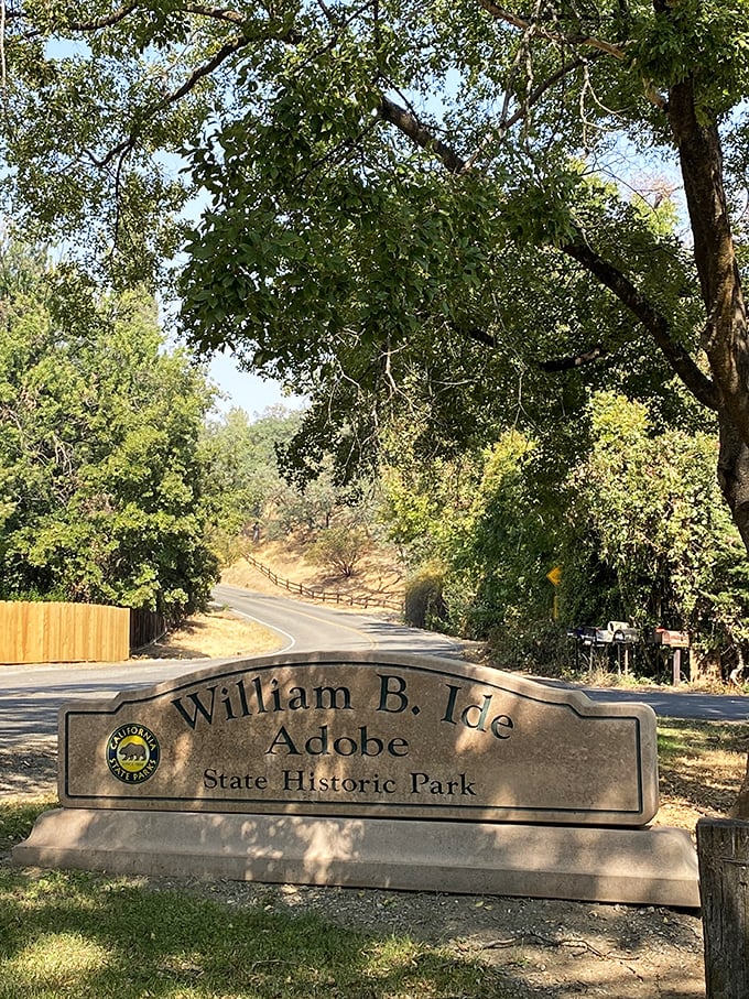 William B. Ide Adobe State Park entrance invites history buffs down a shaded lane where California's past comes alive without animatronic presidents.