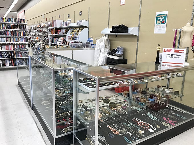 Behind glass cases, costume jewelry sparkles with potential. These accessories wait patiently for their moment to shine at your next dinner party or special occasion.