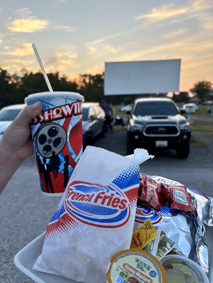 Drive-in dining at its finest—where French fries and soda become gourmet fare when consumed with the perfect cinematic pairing.