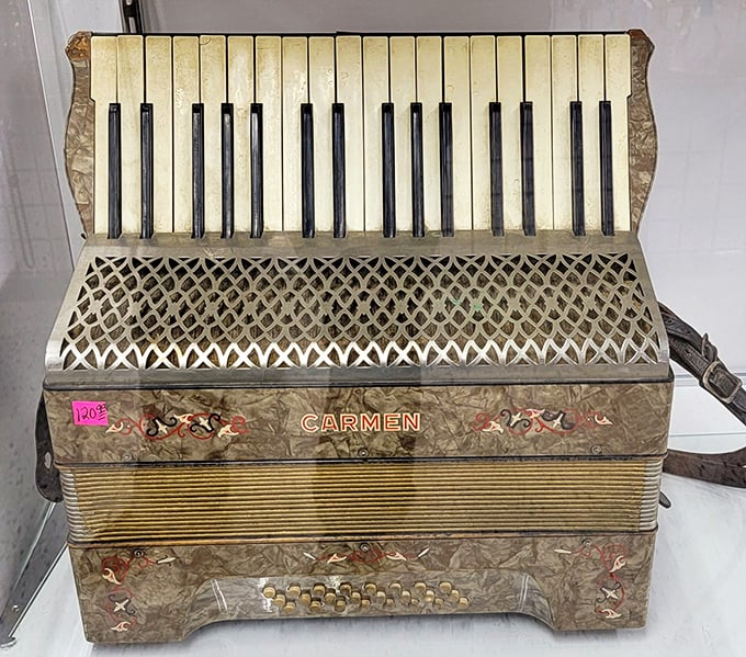 The "Carmen" accordion—a musical time capsule with keys and bellows intact. Someone's grandmother's pride and joy awaits its next polka.