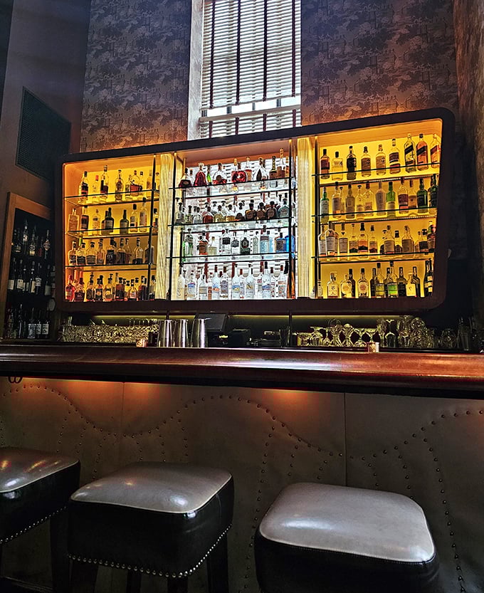 The bar's amber glow showcases bottles like museum pieces, suggesting your cocktail isn't just mixed—it's curated.