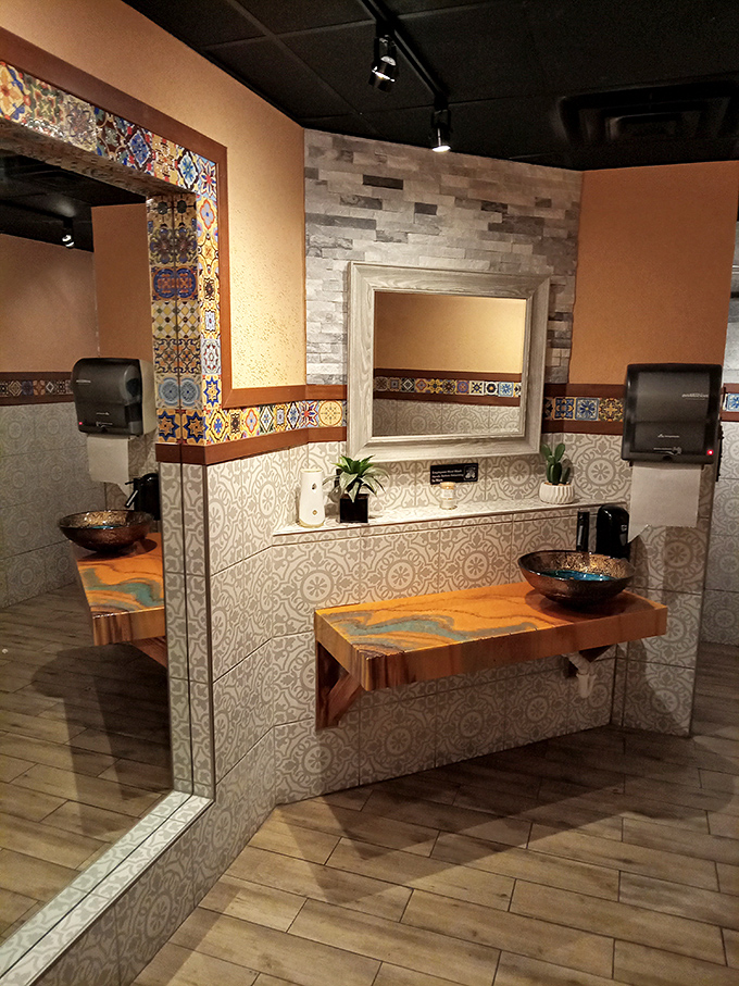 Even the bathroom showcases thoughtful design with colorful tile work that continues the Mexican aesthetic throughout.