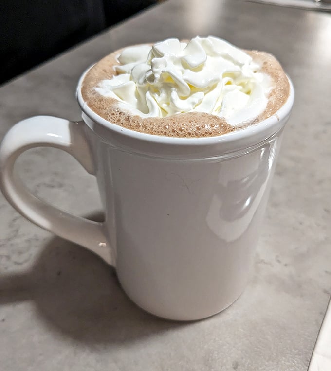 Hot chocolate elevated to art form with a cloud of whipped cream. Dessert masquerading as a beverage—nobody's complaining.