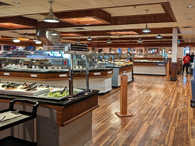 The buffet stations stretch before you like the promised land—gleaming under perfectly positioned lighting, beckoning you to explore every corner.