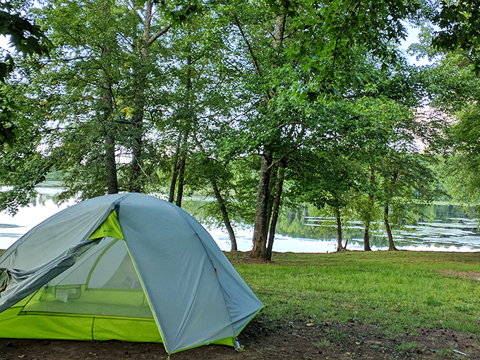 Camping at Petit Jean: where your temporary home has the kind of waterfront view that real estate agents have nightmares about.