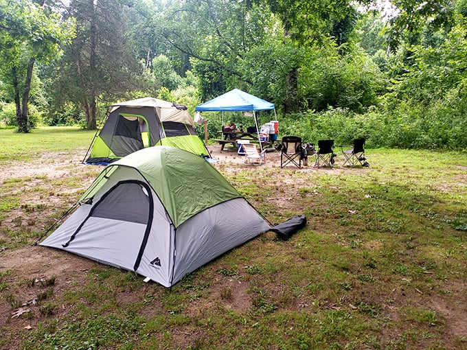 Camping at Lums Pond—where "roughing it" still includes being just steps away from modern bathrooms. Nature with a safety net.