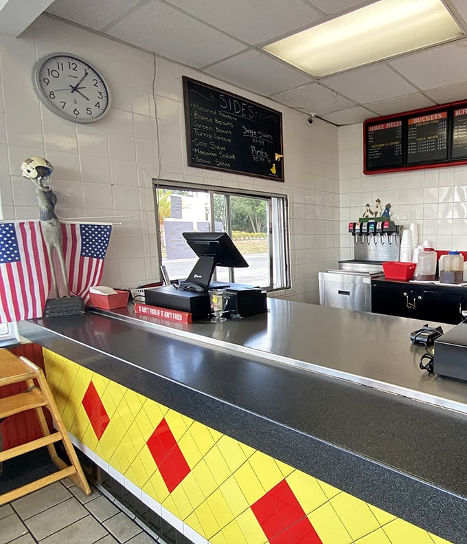 The counter where dreams come true and diets go to die, complete with patriotic flair and the promise of chicken worth pledging allegiance to. 