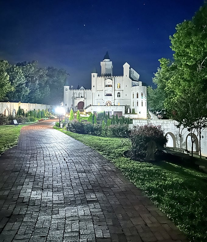 After dark, the illuminated castle glows like a beacon against the night sky, stars twinkling above as if approving of this earthly rival.