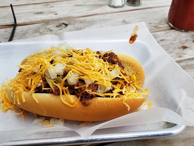 Chili dog perfection: the bun cradles its precious cargo while cheese stands guard. A handheld masterpiece. 
