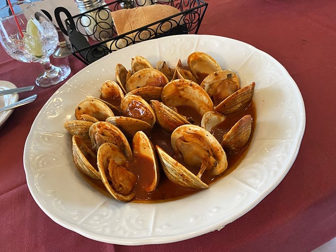 These clams aren't just swimming in sauce—they're doing the backstroke in flavor country, shells open like tiny mouths saying "eat me!"