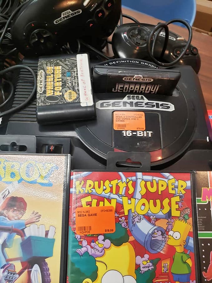 Gaming nostalgia alert! Sega Genesis consoles and Simpsons games—because sometimes you need to show your kids how you entertained yourself before smartphones.