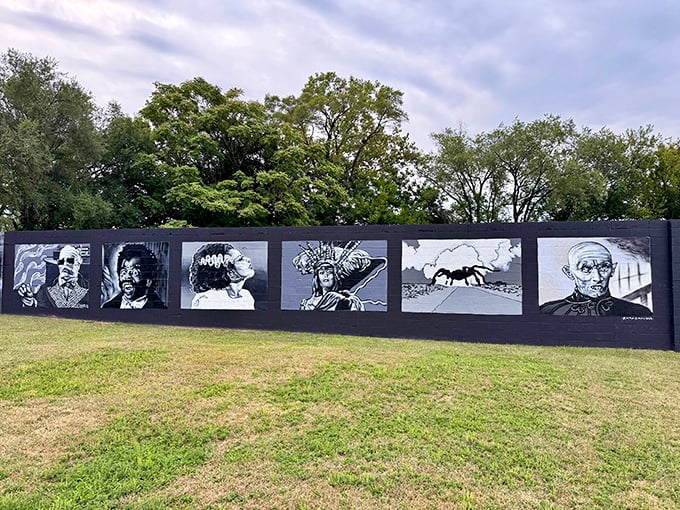 Classic movie monsters immortalized in striking black and white. Frankenstein, Bride of Frankenstein, and friends guard the grounds with cinematic gravitas.