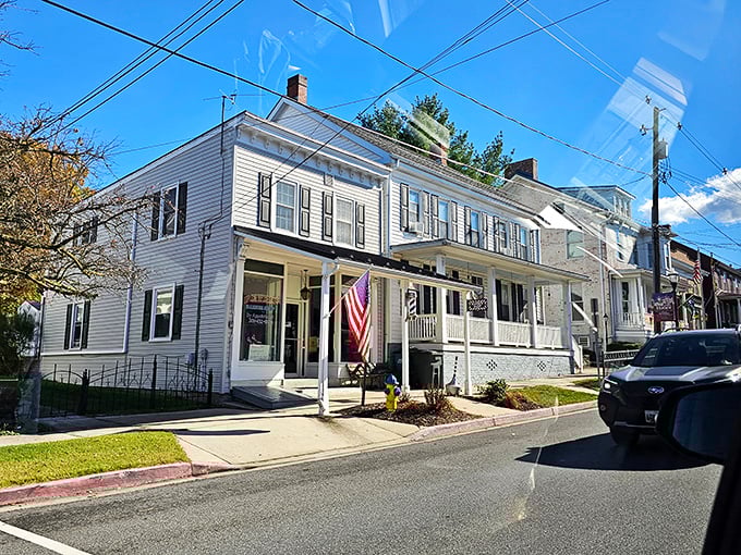 White clapboard meets brick and stone in this architectural medley that defines Boonsboro's distinctive historical character.