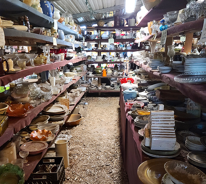 Teacups and saucers stacked to the ceiling create a porcelain canyon. Somewhere, a complete set of grandmother's china awaits reunion.
