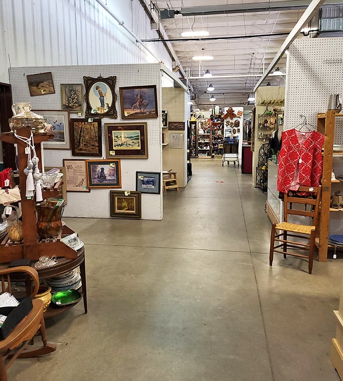 Art gallery meets memory lane in this corridor of collectibles. That wooden chair has supported more stories than most bestselling authors.