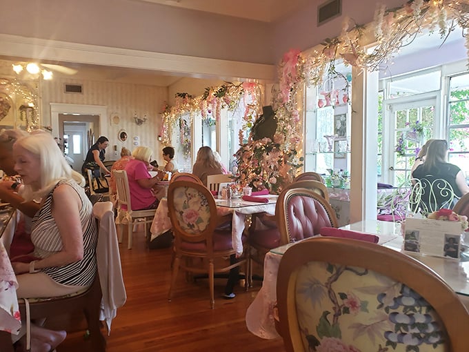 Diners enjoying the delightful cognitive dissonance of eating hearty portions in grandmother's parlor – and loving every minute.