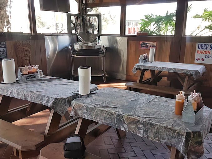 Simple tables covered in camo tablecloths – because nothing should distract you from the serious meat consumption about to occur.