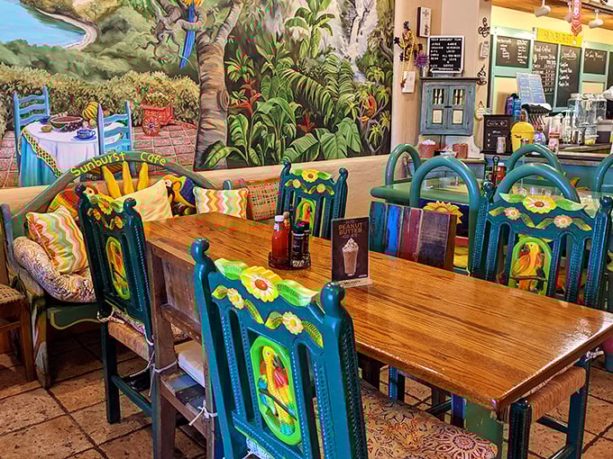 Tropical charm meets breakfast comfort. These vibrant hand-painted chairs and colorful tables create the perfect setting for morning conversations and coffee refills.