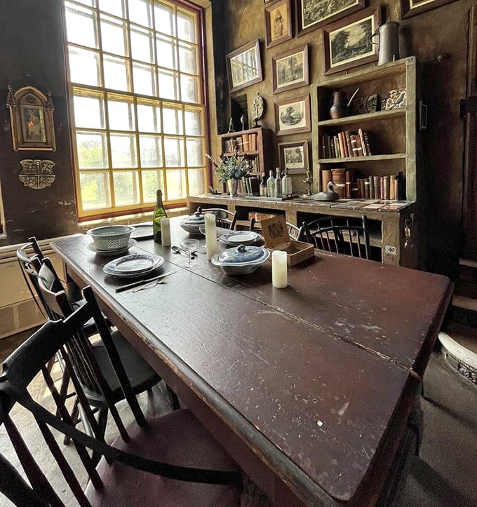 The dining room's worn wooden table and simple chairs sit beneath a flood of natural light—humble furnishings in a most extraordinary home.
