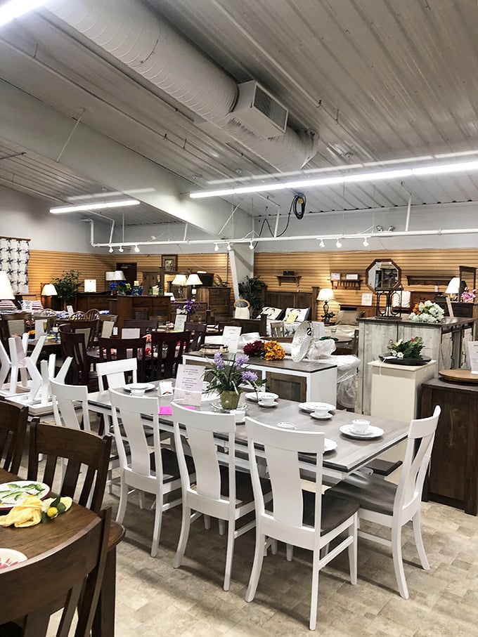 Amish craftsmanship on display—these aren't just dining sets, they're future family heirlooms waiting to host decades of holiday meals.