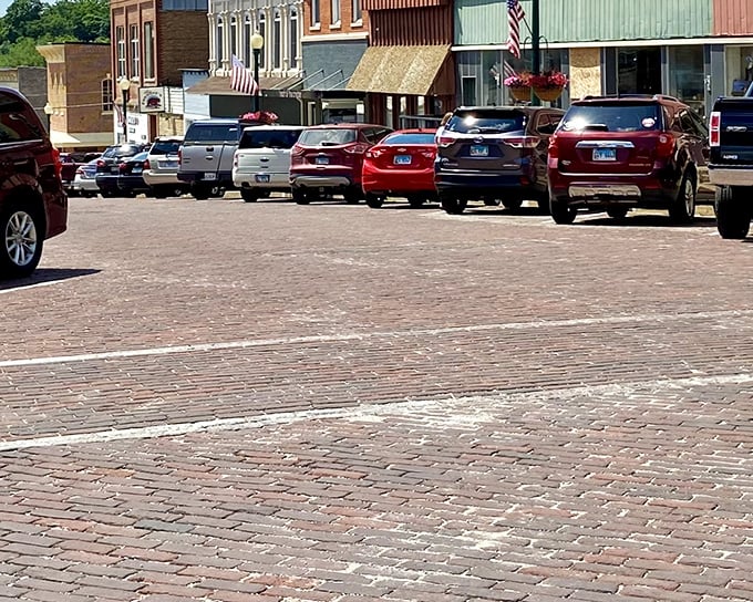 The distinctive herringbone pattern of Mount Carroll's brick streets has survived decades of traffic, a testament to craftsmanship rarely seen today.