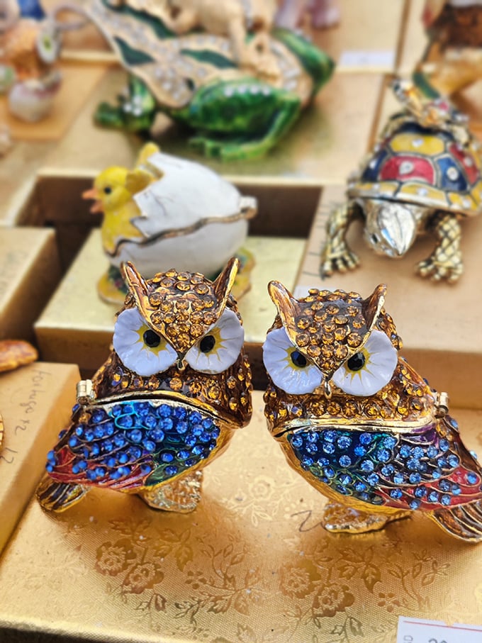 These bejeweled owl trinket boxes aren't just decorative—they're judging your other purchases with their crystalline stare. Kitsch has never been so glamorous.