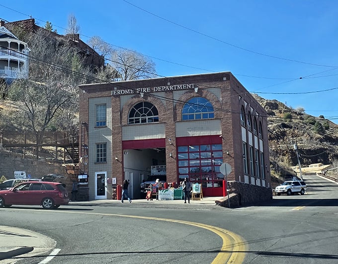 Jerome's fire department stands ready on the hillside – because when your town is built at a 30-degree angle, "rolling downhill" takes on new meaning.