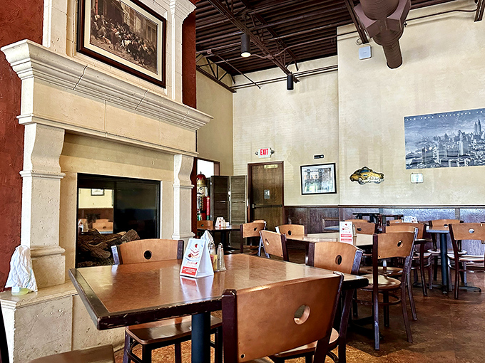 The fireplace doesn't just warm the room—it creates the perfect atmosphere for lingering conversations and second rounds.