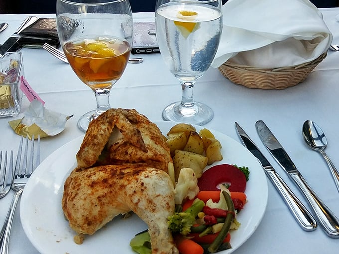 Fine dining gets rolling with perfectly prepared chicken, seasonal vegetables, and potatoes. Eating well while the world rolls by – civilization's greatest achievement.