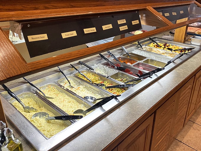 The salad bar spreads like a colorful canvas where fresh ingredients meet endless possibilities for healthy indulgence.