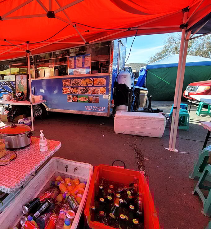 Food truck heaven with coolers full of liquid refreshment. The real swap meet pros know food fuels the best bargain hunting expeditions.