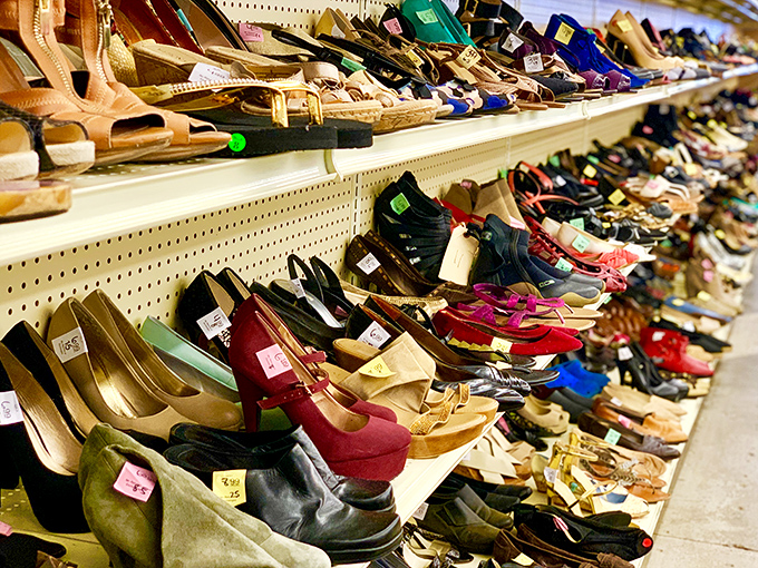 Shoe paradise stretches to the horizon—a Cinderella story waiting to happen with every color and style imaginable.