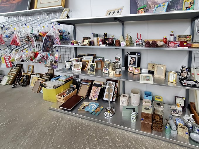 A gallery of frames and knickknacks where someone else's memories become your décor inspiration. One person's kitsch is another's treasure.