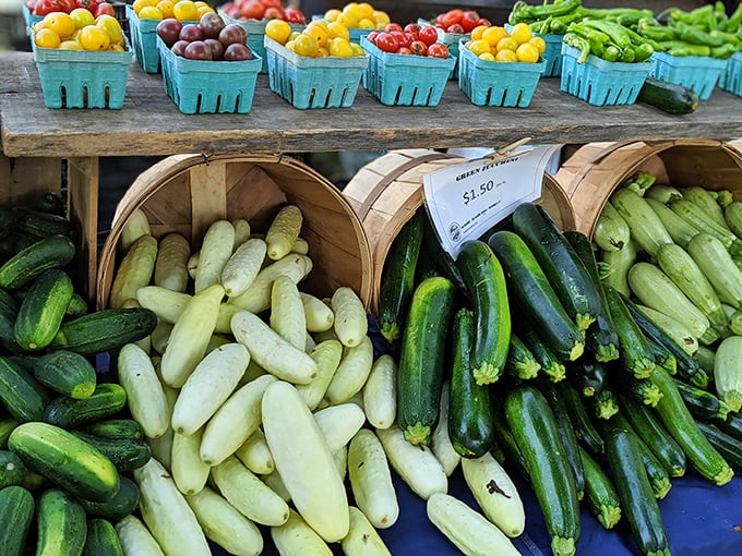 Garden-fresh zucchini and cucumbers that look like they were picked hours ago—because they probably were. Farm-to-flea-market produce at its finest.