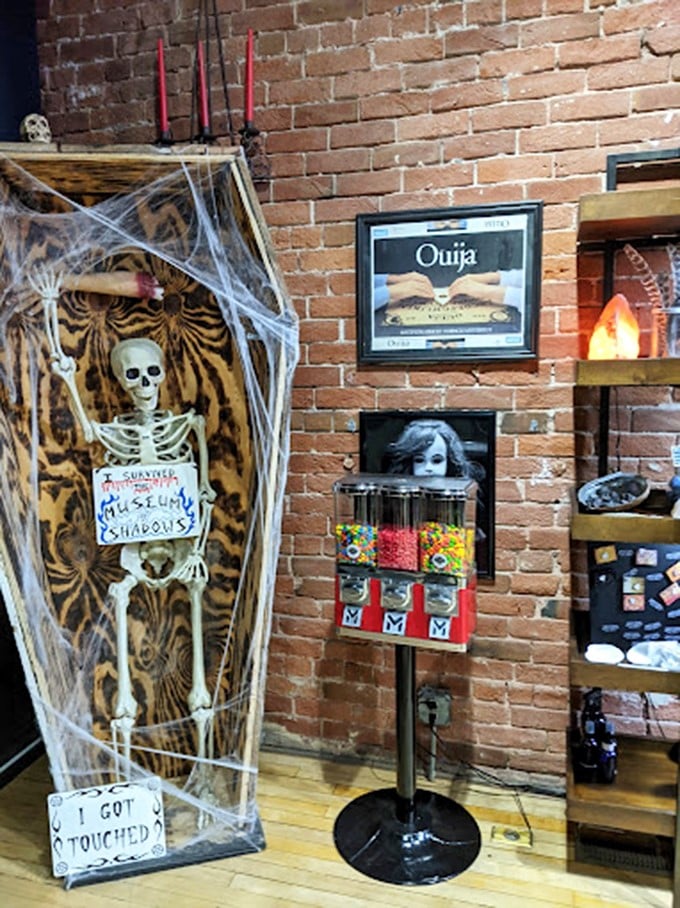 A skeleton wrapped in cobwebs greets visitors with macabre humor. "I got touched" reads his sign—the museum's version of gallows humor.